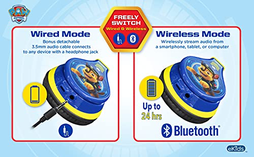 eKids Paw Patrol Kids Bluetooth Headphones, Wireless Headphones with Microphone Includes Aux Cord, Volume Reduced Kids Foldable Headphones for School, Home, or Travel