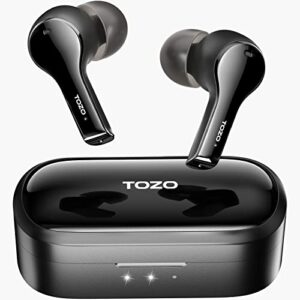 tozo t9 true wireless earbuds environmental noise cancellation 4 mic call noise cancelling headphones deep bass bluetooth 5.3 light weight wireless charging case ipx7 waterproof headset black