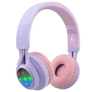 riwbox wt-7s bluetooth headphones light up, foldable stero wireless headset with microphone and volume control for pc/cell phones/tv/ipad (purple)