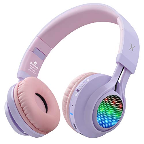 Riwbox WT-7S Bluetooth Headphones Light Up, Foldable Stero Wireless Headset with Microphone and Volume Control for PC/Cell Phones/TV/iPad (Purple)