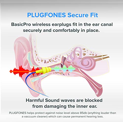 Plugfones Basic Pro Wireless Bluetooth in-Ear Earplug Earbuds - Noise Reduction Headphones with Noise Isolating Mic and Controls (Blue & Yellow)