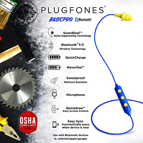 Plugfones Basic Pro Wireless Bluetooth in-Ear Earplug Earbuds - Noise Reduction Headphones with Noise Isolating Mic and Controls (Blue & Yellow)