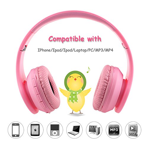 Mokata Headphones Bluetooth Wireless/Wired Kids Volume Limited 85 /110dB Over Ear Foldable Noise Protection Headset with AUX 3.5mm Mic for Boys Girls Child Travel School Cellphone Pad Tablet PC Pink