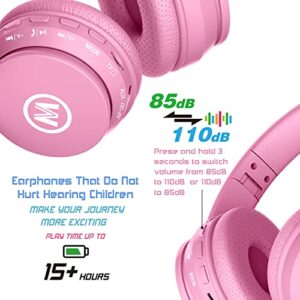 Mokata Headphones Bluetooth Wireless/Wired Kids Volume Limited 85 /110dB Over Ear Foldable Noise Protection Headset with AUX 3.5mm Mic for Boys Girls Child Travel School Cellphone Pad Tablet PC Pink