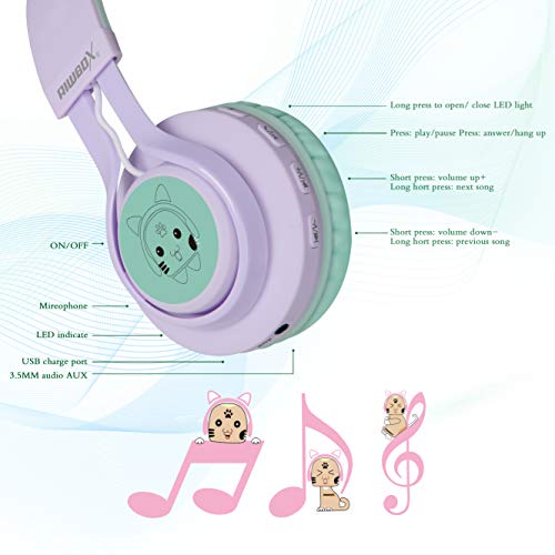 Riwbox Kids Headphones, CT-7S Cat Ear Bluetooth Headphones 85dB Volume Limiting,LED Light Up Kids Wireless Headphones Over Ear with Microphone for Laptop/PC/TV (Purple&Green)