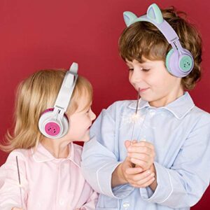 Riwbox Kids Headphones, CT-7S Cat Ear Bluetooth Headphones 85dB Volume Limiting,LED Light Up Kids Wireless Headphones Over Ear with Microphone for Laptop/PC/TV (Purple&Green)