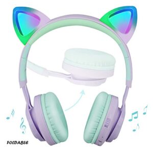 Riwbox Kids Headphones, CT-7S Cat Ear Bluetooth Headphones 85dB Volume Limiting,LED Light Up Kids Wireless Headphones Over Ear with Microphone for Laptop/PC/TV (Purple&Green)