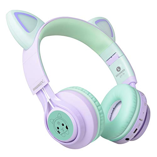 Riwbox Kids Headphones, CT-7S Cat Ear Bluetooth Headphones 85dB Volume Limiting,LED Light Up Kids Wireless Headphones Over Ear with Microphone for Laptop/PC/TV (Purple&Green)