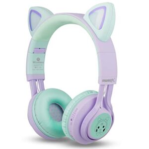 Riwbox Kids Headphones, CT-7S Cat Ear Bluetooth Headphones 85dB Volume Limiting,LED Light Up Kids Wireless Headphones Over Ear with Microphone for Laptop/PC/TV (Purple&Green)