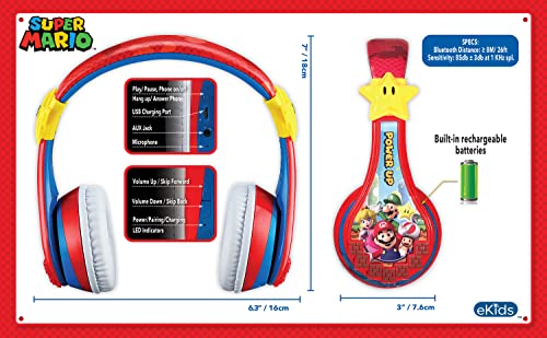 eKids Super Mario Wireless Bluetooth Portable Kids Headphones with Microphone, Volume Reduced to Protect Hearing Rechargeable Battery, Adjustable Kids Headband for School Home or Travel