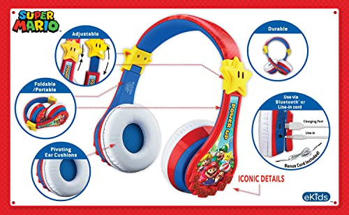 eKids Super Mario Wireless Bluetooth Portable Kids Headphones with Microphone, Volume Reduced to Protect Hearing Rechargeable Battery, Adjustable Kids Headband for School Home or Travel