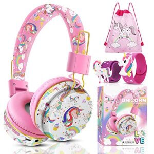 qearfun unicorn headphones for girls kids for school, kids bluetooth headphones with microphone & 3.5mm jack, teens toddlers wireless headphones with adjustable headband for ipad/tablet/pc/smartphones