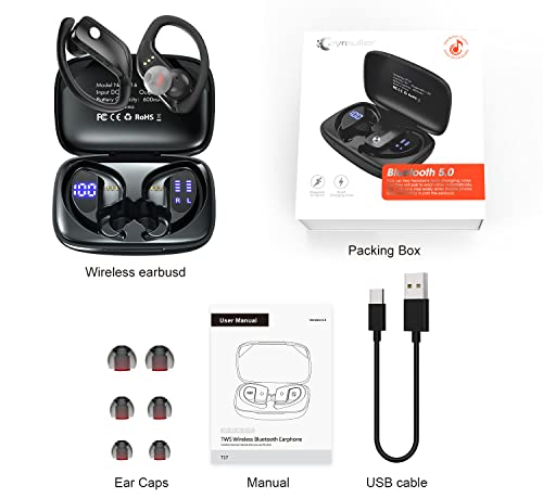 Caymuller Wireless Earbuds Bluetooth Headphones 48Hrs Play Back Sports Earphones with LED Display Over-Ear Buds Built in Mic in Ear Waterproof Headset for Workout Gaming Running