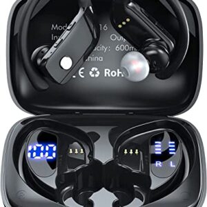 Caymuller Wireless Earbuds Bluetooth Headphones 48Hrs Play Back Sports Earphones with LED Display Over-Ear Buds Built in Mic in Ear Waterproof Headset for Workout Gaming Running