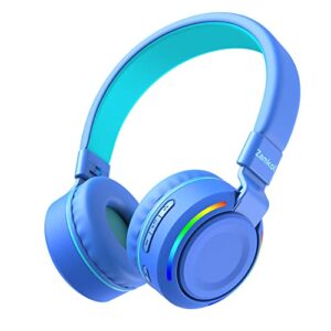 zamkol kids bluetooth headphones, kids wireless headphones with mic, 50h play time, colorful led lights, 85/94db volume limited, bluetooth 5.0, foldable, over ear headphones for school travel ipad