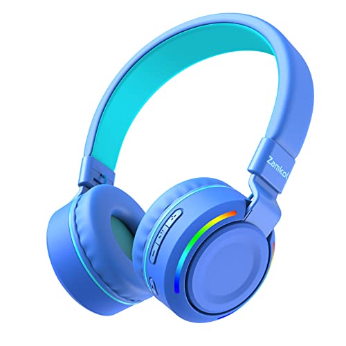 ZAMKOL Kids Bluetooth Headphones, Kids Wireless Headphones with MIC, 50H Play Time, Colorful LED Lights, 85/94db Volume Limited, Bluetooth 5.0, Foldable, Over Ear Headphones for School Travel iPad