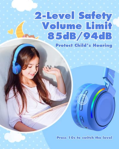 ZAMKOL Kids Bluetooth Headphones, Kids Wireless Headphones with MIC, 50H Play Time, Colorful LED Lights, 85/94db Volume Limited, Bluetooth 5.0, Foldable, Over Ear Headphones for School Travel iPad