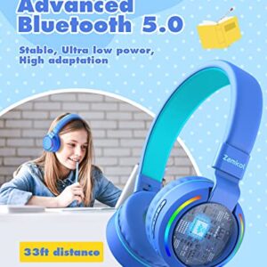 ZAMKOL Kids Bluetooth Headphones, Kids Wireless Headphones with MIC, 50H Play Time, Colorful LED Lights, 85/94db Volume Limited, Bluetooth 5.0, Foldable, Over Ear Headphones for School Travel iPad