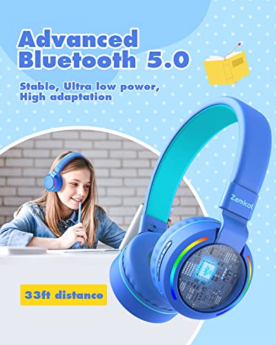 ZAMKOL Kids Bluetooth Headphones, Kids Wireless Headphones with MIC, 50H Play Time, Colorful LED Lights, 85/94db Volume Limited, Bluetooth 5.0, Foldable, Over Ear Headphones for School Travel iPad