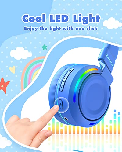 ZAMKOL Kids Bluetooth Headphones, Kids Wireless Headphones with MIC, 50H Play Time, Colorful LED Lights, 85/94db Volume Limited, Bluetooth 5.0, Foldable, Over Ear Headphones for School Travel iPad