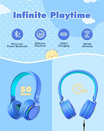 ZAMKOL Kids Bluetooth Headphones, Kids Wireless Headphones with MIC, 50H Play Time, Colorful LED Lights, 85/94db Volume Limited, Bluetooth 5.0, Foldable, Over Ear Headphones for School Travel iPad