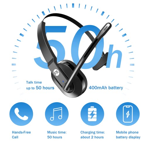 FXWONTY Wireless Headset, Bluetooth Headset with AI Noise Cancelling Microphone & Charging Base, 50Hrs Bluetooth 5.0 Headphones with USB for PC/Remote Work/Call Center/Online Class/Trucker/Zoom/Skype