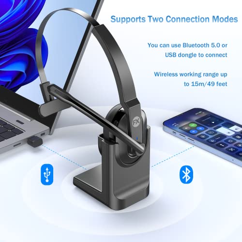 FXWONTY Wireless Headset, Bluetooth Headset with AI Noise Cancelling Microphone & Charging Base, 50Hrs Bluetooth 5.0 Headphones with USB for PC/Remote Work/Call Center/Online Class/Trucker/Zoom/Skype