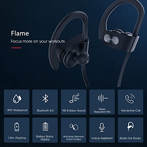 Bluetooth Headphones V5.0,Running Headphones w/16 Hrs Playtime, Bass+ HD Stereo Wireless Sports Earphones w/IPX7 Waterproof Earbuds in Ear for Workout, Gym w/CVC6.0 Noise Cancelling Mic Black