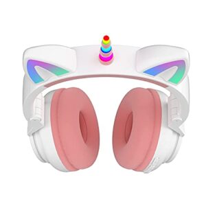 YUSONIC Unicorn Kids Headphones,Unicorn Bluetooth Headphones Foldable for Girls Boys Toddlers Phones/ipad/Amazon fire,Light Up Kids Wireless Headphone Birthday Gifts (White+Pink)