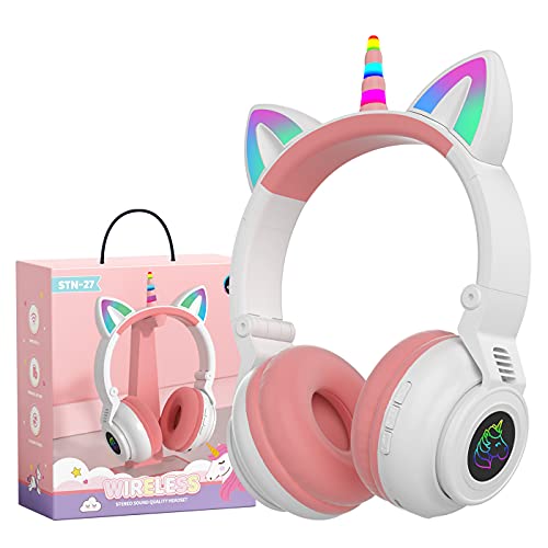 YUSONIC Unicorn Kids Headphones,Unicorn Bluetooth Headphones Foldable for Girls Boys Toddlers Phones/ipad/Amazon fire,Light Up Kids Wireless Headphone Birthday Gifts (White+Pink)