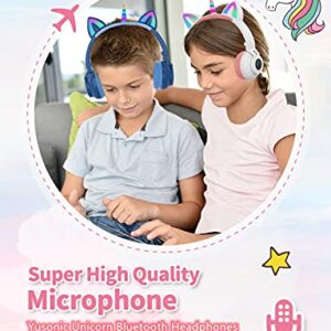 YUSONIC Unicorn Kids Headphones,Unicorn Bluetooth Headphones Foldable for Girls Boys Toddlers Phones/ipad/Amazon fire,Light Up Kids Wireless Headphone Birthday Gifts (White+Pink)