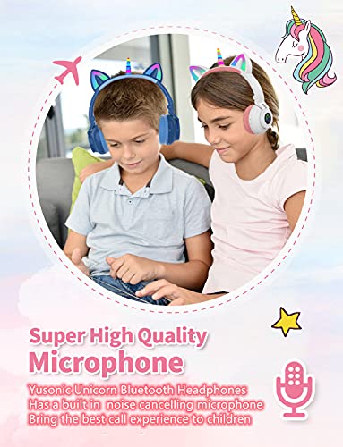 YUSONIC Unicorn Kids Headphones,Unicorn Bluetooth Headphones Foldable for Girls Boys Toddlers Phones/ipad/Amazon fire,Light Up Kids Wireless Headphone Birthday Gifts (White+Pink)