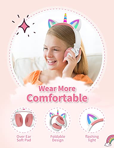 YUSONIC Unicorn Kids Headphones,Unicorn Bluetooth Headphones Foldable for Girls Boys Toddlers Phones/ipad/Amazon fire,Light Up Kids Wireless Headphone Birthday Gifts (White+Pink)