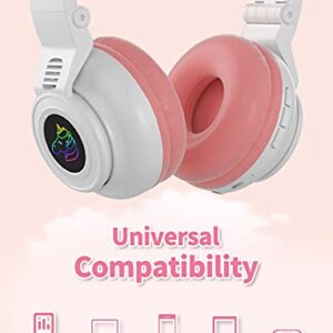 YUSONIC Unicorn Kids Headphones,Unicorn Bluetooth Headphones Foldable for Girls Boys Toddlers Phones/ipad/Amazon fire,Light Up Kids Wireless Headphone Birthday Gifts (White+Pink)