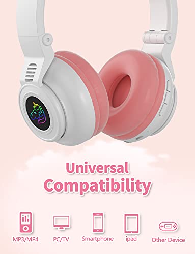 YUSONIC Unicorn Kids Headphones,Unicorn Bluetooth Headphones Foldable for Girls Boys Toddlers Phones/ipad/Amazon fire,Light Up Kids Wireless Headphone Birthday Gifts (White+Pink)