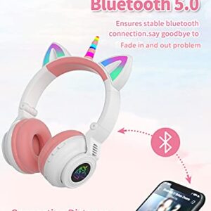 YUSONIC Unicorn Kids Headphones,Unicorn Bluetooth Headphones Foldable for Girls Boys Toddlers Phones/ipad/Amazon fire,Light Up Kids Wireless Headphone Birthday Gifts (White+Pink)