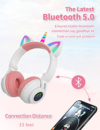 YUSONIC Unicorn Kids Headphones,Unicorn Bluetooth Headphones Foldable for Girls Boys Toddlers Phones/ipad/Amazon fire,Light Up Kids Wireless Headphone Birthday Gifts (White+Pink)