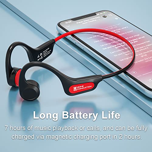 RR SPORTS Bone Conduction Headphones, Open Ear Bluetooth 5.3 Sport Earphones with Built-in Mic and MP3 Player 16G Memory, IPX8 Wireless Waterproof Headset for Swimming, Running, Cycling (Black-Red)