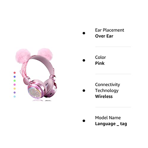 KORABA Wireless , LED Light up Color Changing Girls Bluetooth Headsets with MIC, 10 Hours 5.0 Bluetooth Headphones for School, Christmas (Pink)