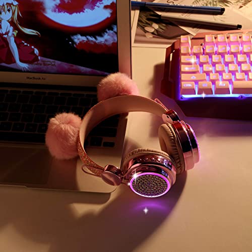 KORABA Wireless , LED Light up Color Changing Girls Bluetooth Headsets with MIC, 10 Hours 5.0 Bluetooth Headphones for School, Christmas (Pink)