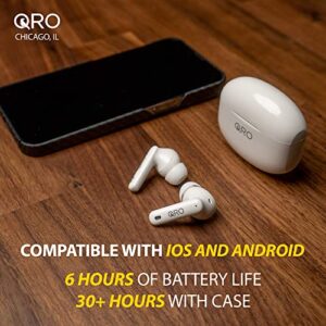 Qro Classics Wireless Earbuds, Active Noise Cancelling Bluetooth 5.3 Headphones, 4 Mic Headset, Touch Control, Deep Bass, Water Resistant Stereo Earphones, 30h Charging Case iOS Android Sport White