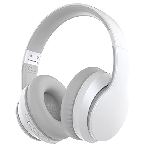 rockpapa E7 Over Ear Wireless Bluetooth Headphones with Mic Include Travel Case, Foldable Wired/Wireless Headphones with Microphone for Kids Childrens Boys Girls Teen Youth Adult White Grey