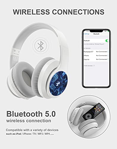 rockpapa E7 Over Ear Wireless Bluetooth Headphones with Mic Include Travel Case, Foldable Wired/Wireless Headphones with Microphone for Kids Childrens Boys Girls Teen Youth Adult White Grey