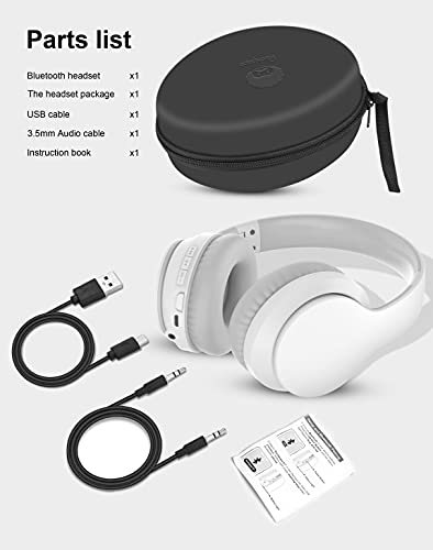 rockpapa E7 Over Ear Wireless Bluetooth Headphones with Mic Include Travel Case, Foldable Wired/Wireless Headphones with Microphone for Kids Childrens Boys Girls Teen Youth Adult White Grey