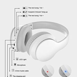 rockpapa E7 Over Ear Wireless Bluetooth Headphones with Mic Include Travel Case, Foldable Wired/Wireless Headphones with Microphone for Kids Childrens Boys Girls Teen Youth Adult White Grey