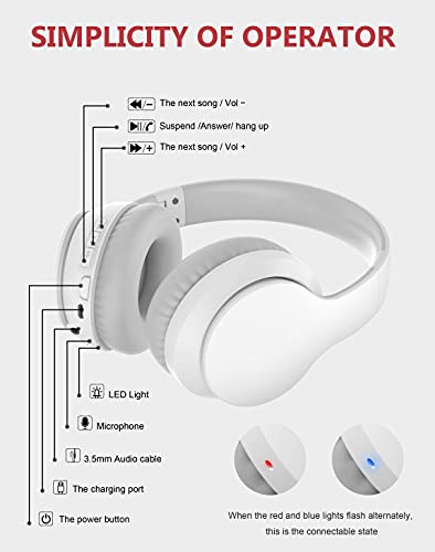 rockpapa E7 Over Ear Wireless Bluetooth Headphones with Mic Include Travel Case, Foldable Wired/Wireless Headphones with Microphone for Kids Childrens Boys Girls Teen Youth Adult White Grey