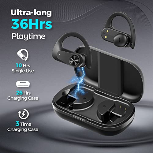 MSTHOO Wireless Headphones Sport, Bluetooth 5.3 Earbuds Earhook, LED Display,36H Playtime,One Button Control, USB-C Charging, Bass+ Running Bluetooth Earphones IPX8 with Built-in Mics for Workout Gym