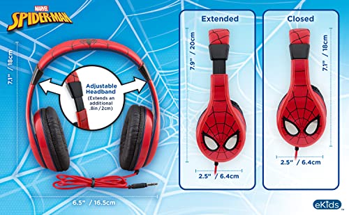 eKids Spiderman Kids Headphones, Adjustable Headband, Stereo Sound, 3.5Mm Jack, Wired, Tangle-Free, Volume Control, Childrens Headphones Over Ear for School Home, Travel