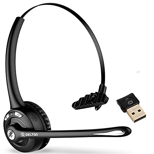 Delton 10X Trucker Bluetooth Headset, Wireless Headphones w/Microphone, Over The Head Single Earpiece with Mic for Skype, Call Centers, Truck Drivers - 18Hrs (with USB Dongle)