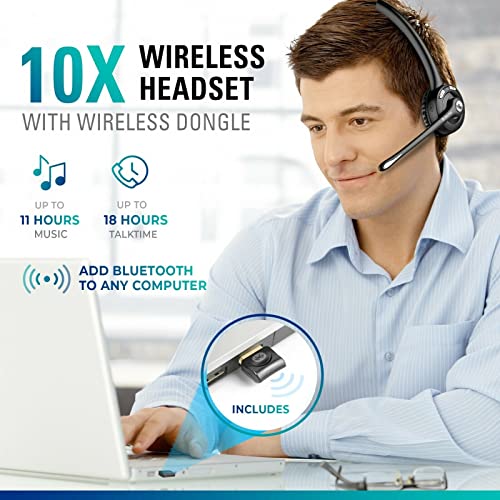 Delton 10X Trucker Bluetooth Headset, Wireless Headphones w/Microphone, Over The Head Single Earpiece with Mic for Skype, Call Centers, Truck Drivers - 18Hrs (with USB Dongle)